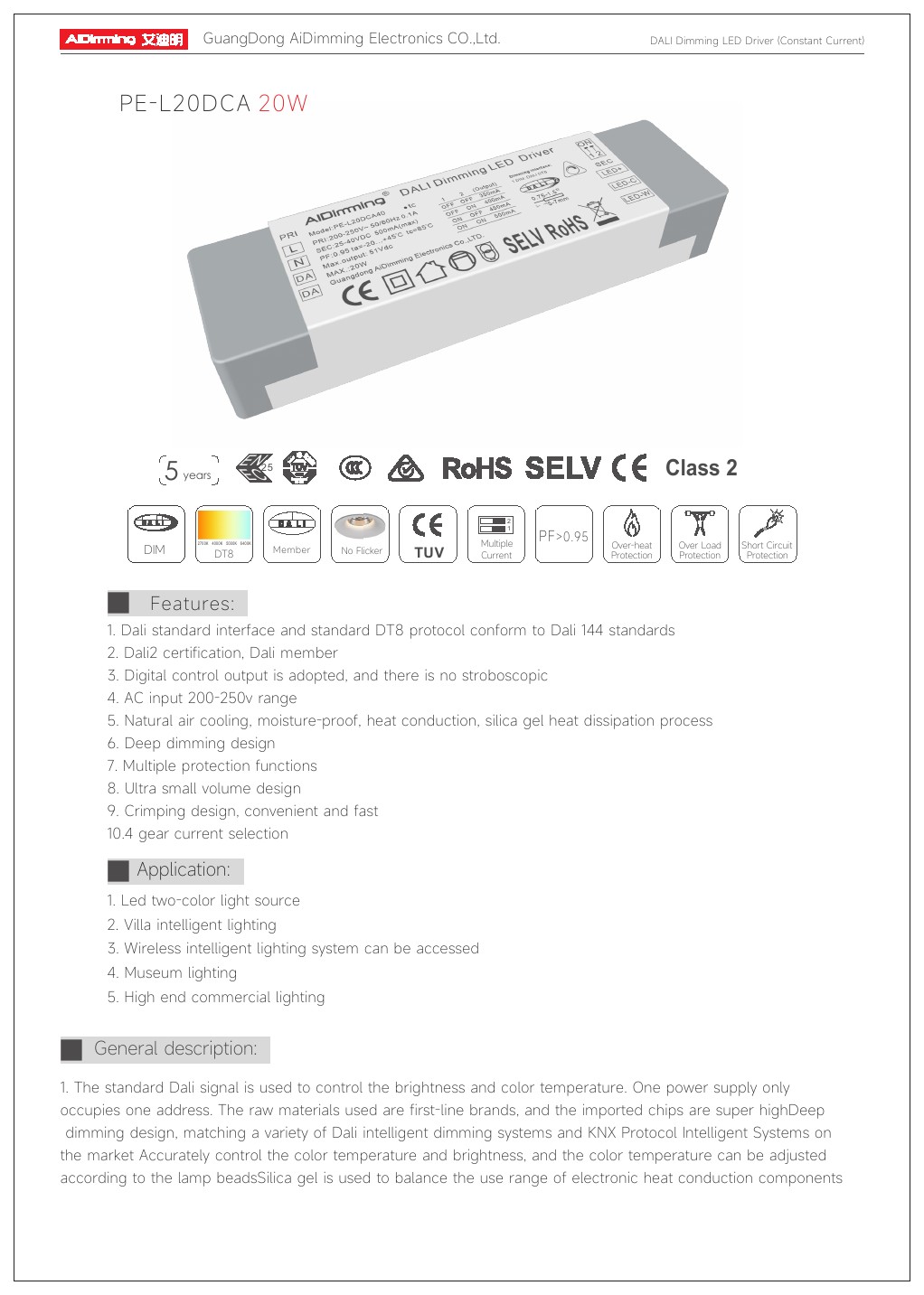 20W 350-500mA DALI DT8 CT Driver PE-L20DCA