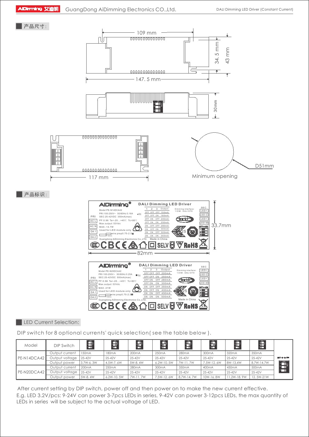 20W 200-500mA DALI DT8 DIM&CT Driver PE-N20DCA