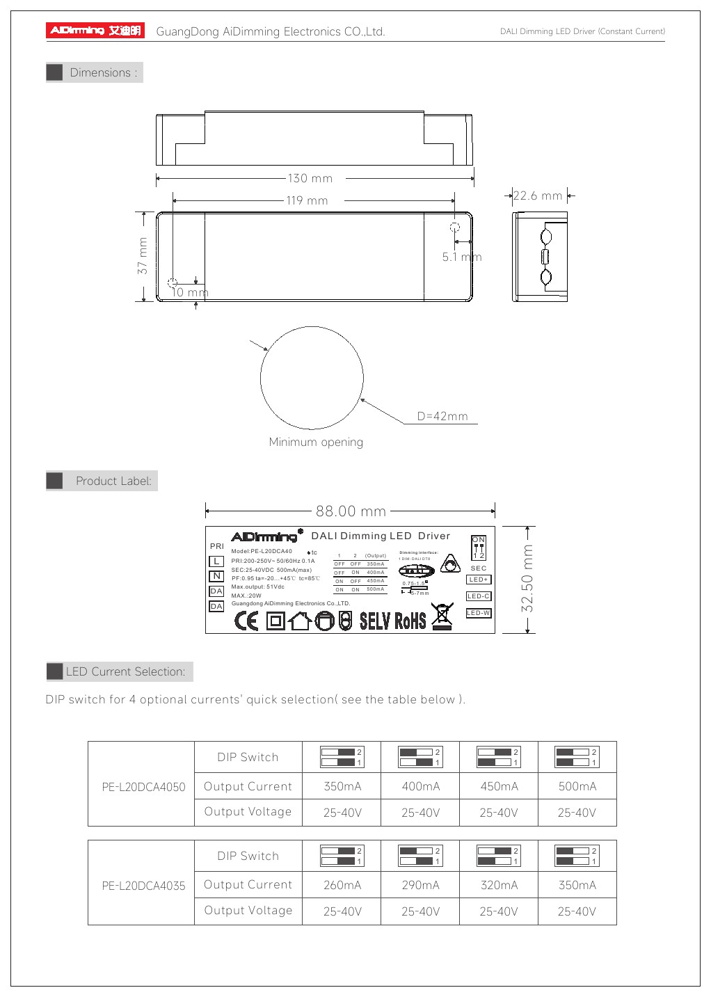 20W 350-500mA DALI-2 DT6 CC Driver PE-L20DA