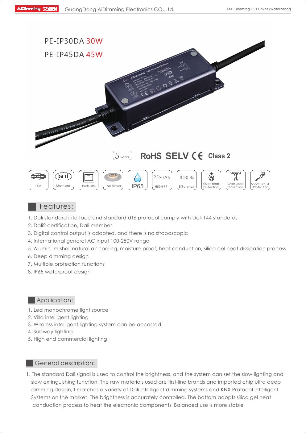 45W 700-1050mA DALI-2 PUSH IP65 CC Driver PE-IP45DA