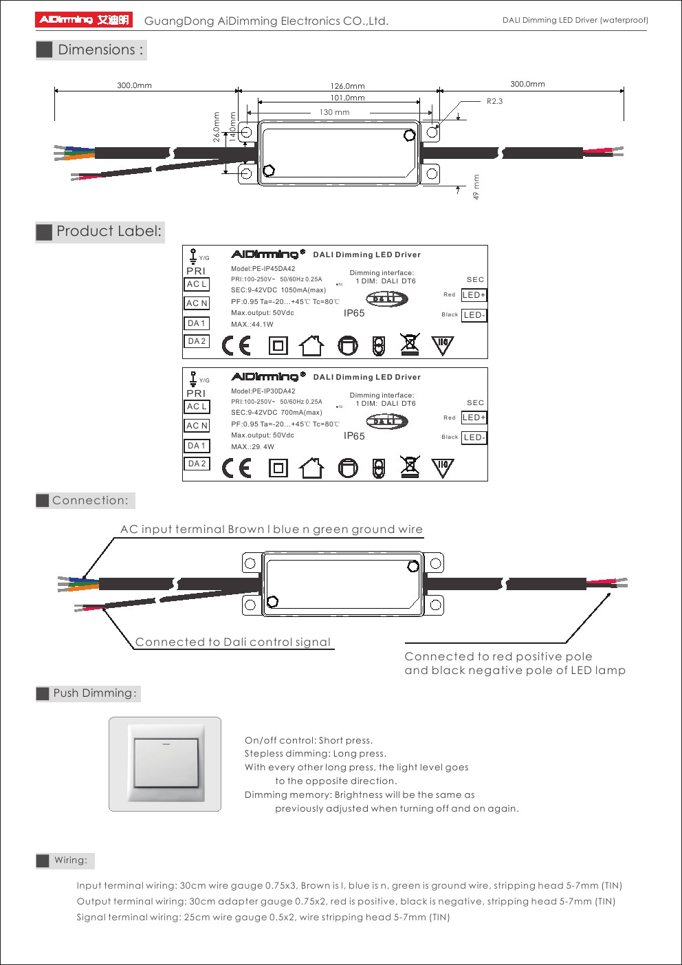 45W 700-1050mA DALI-2 PUSH IP65 CC Driver PE-IP45DA